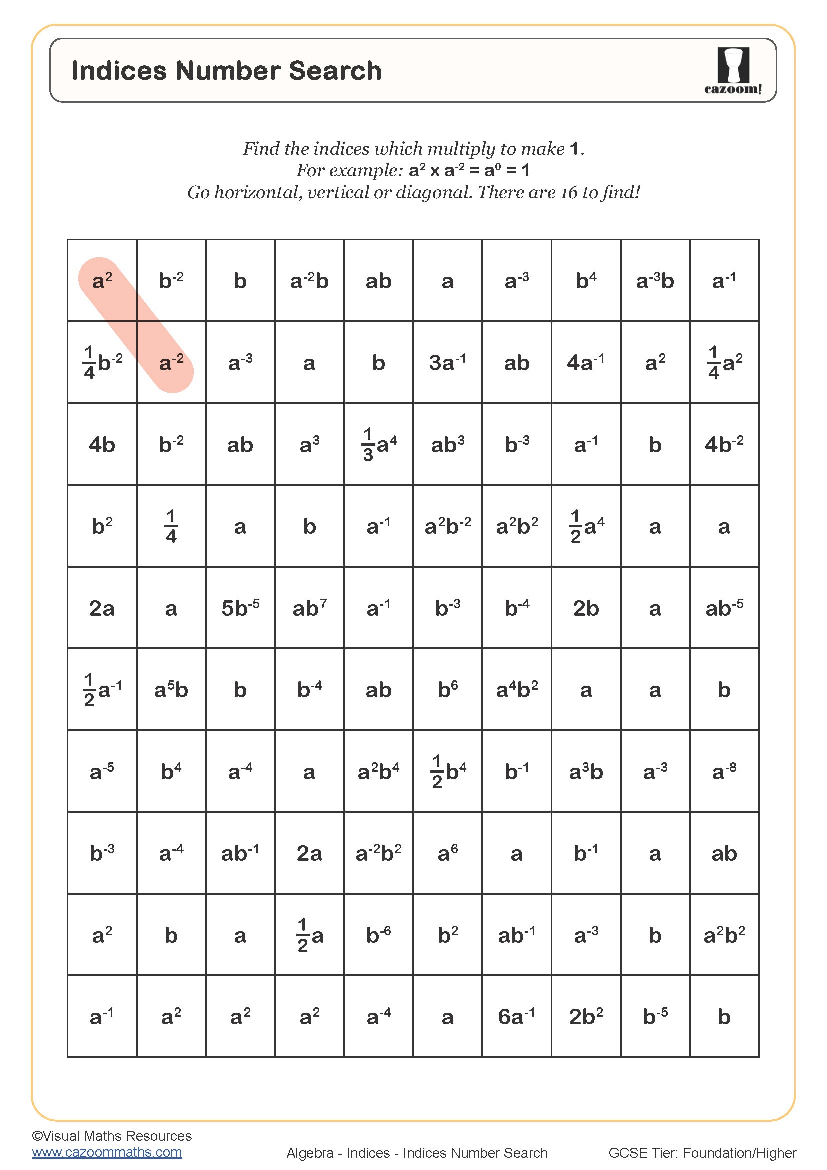 Indices Worksheets| Indices Worksheets PDF with answers