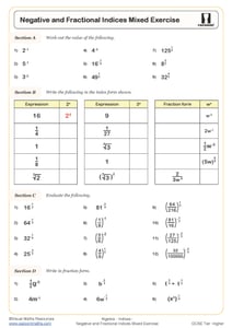 Negative and Fractional Indices Worksheet | Cazoom Maths Worksheets