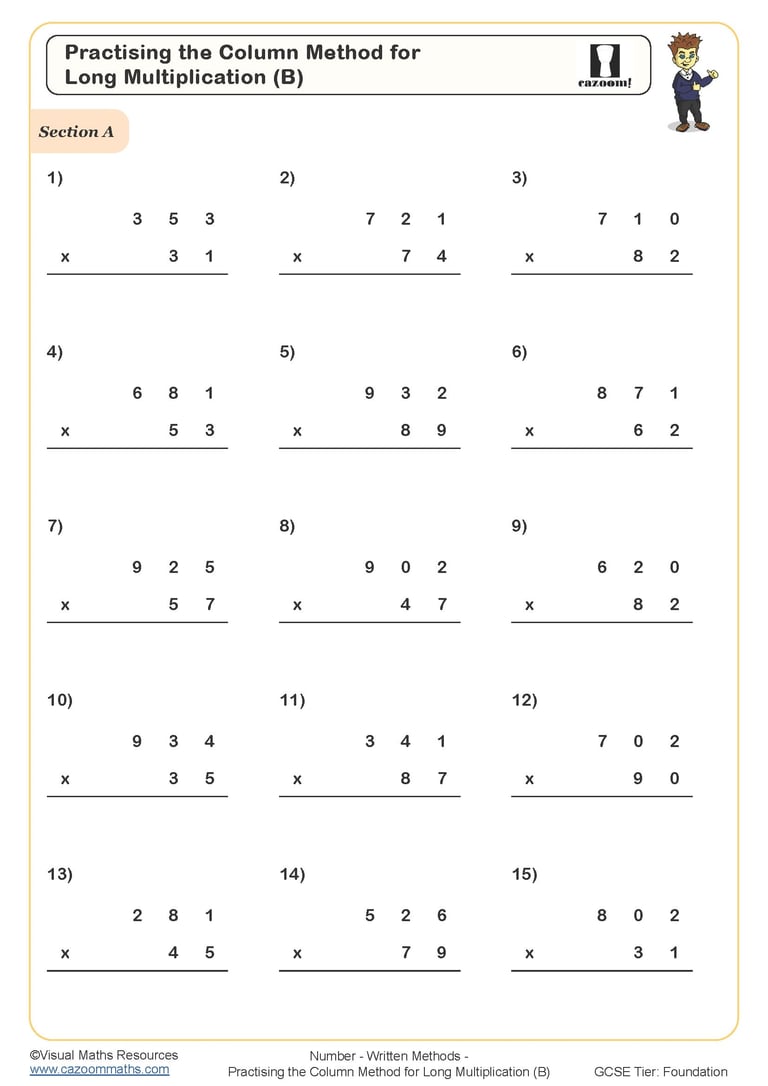 Practising the Column Method for Long Multiplication (A) Worksheet ...