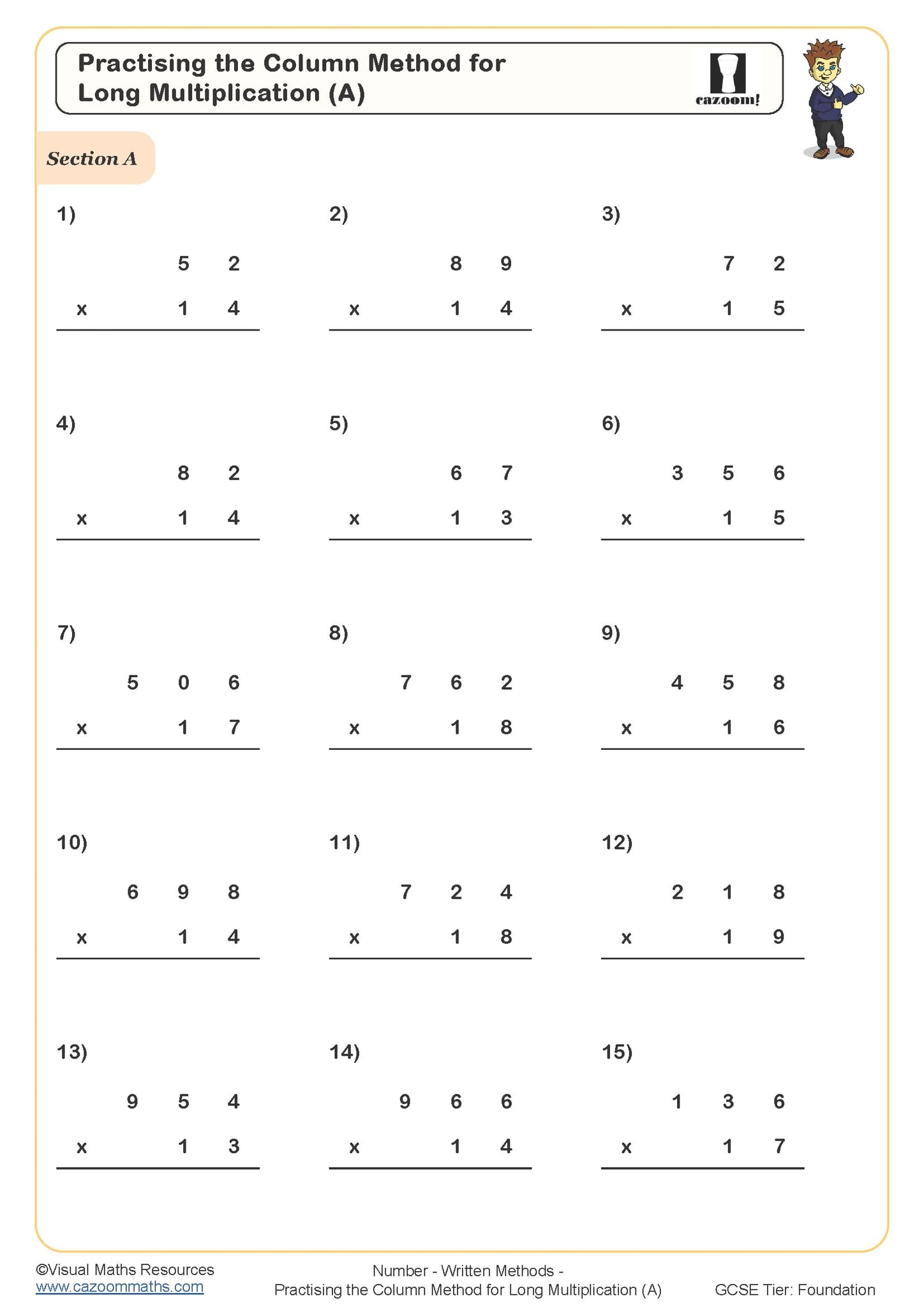 Practising the Column Method for Long Multiplication (B) Worksheet ...