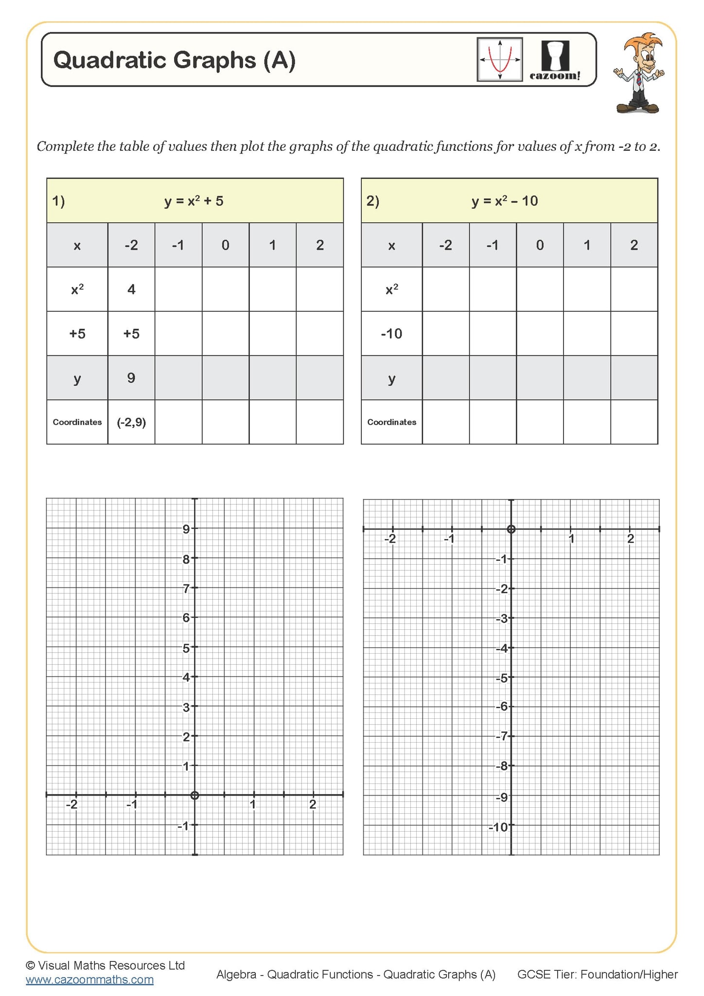 Quadratic Graphs (A) Worksheet | Printable Maths Worksheets