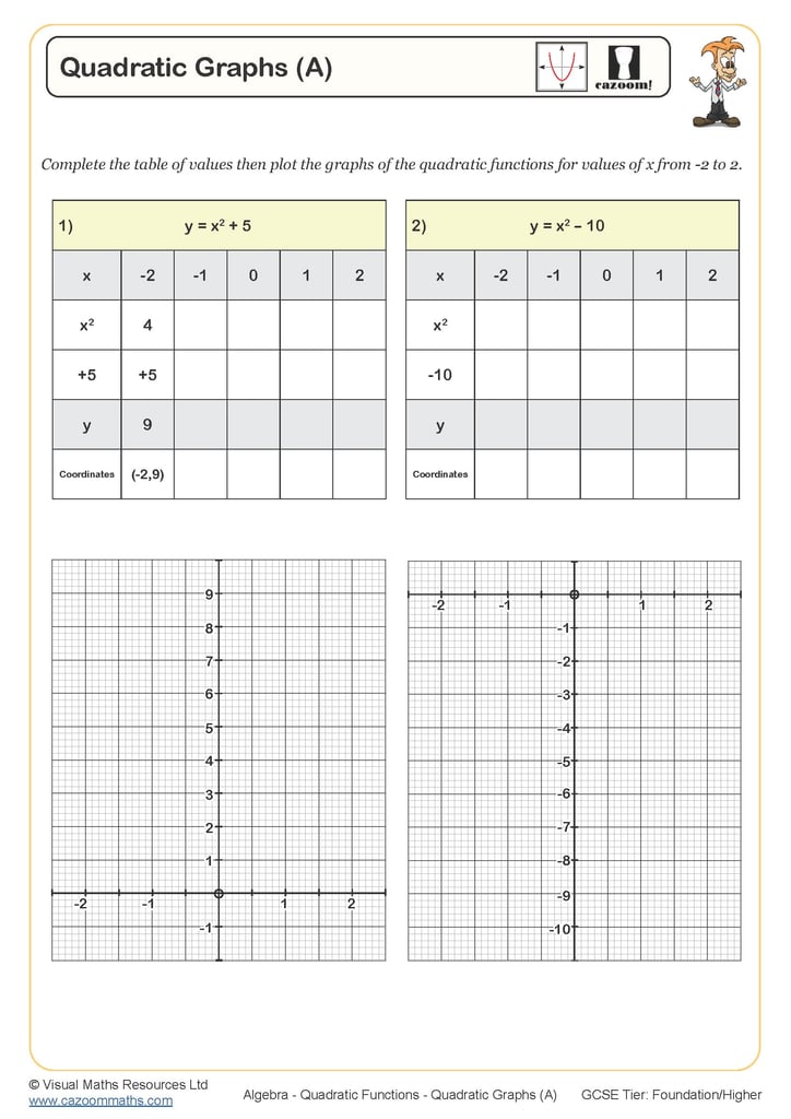 Quadratic Graphs (B) Worksheet | Cazoom Maths Worksheets