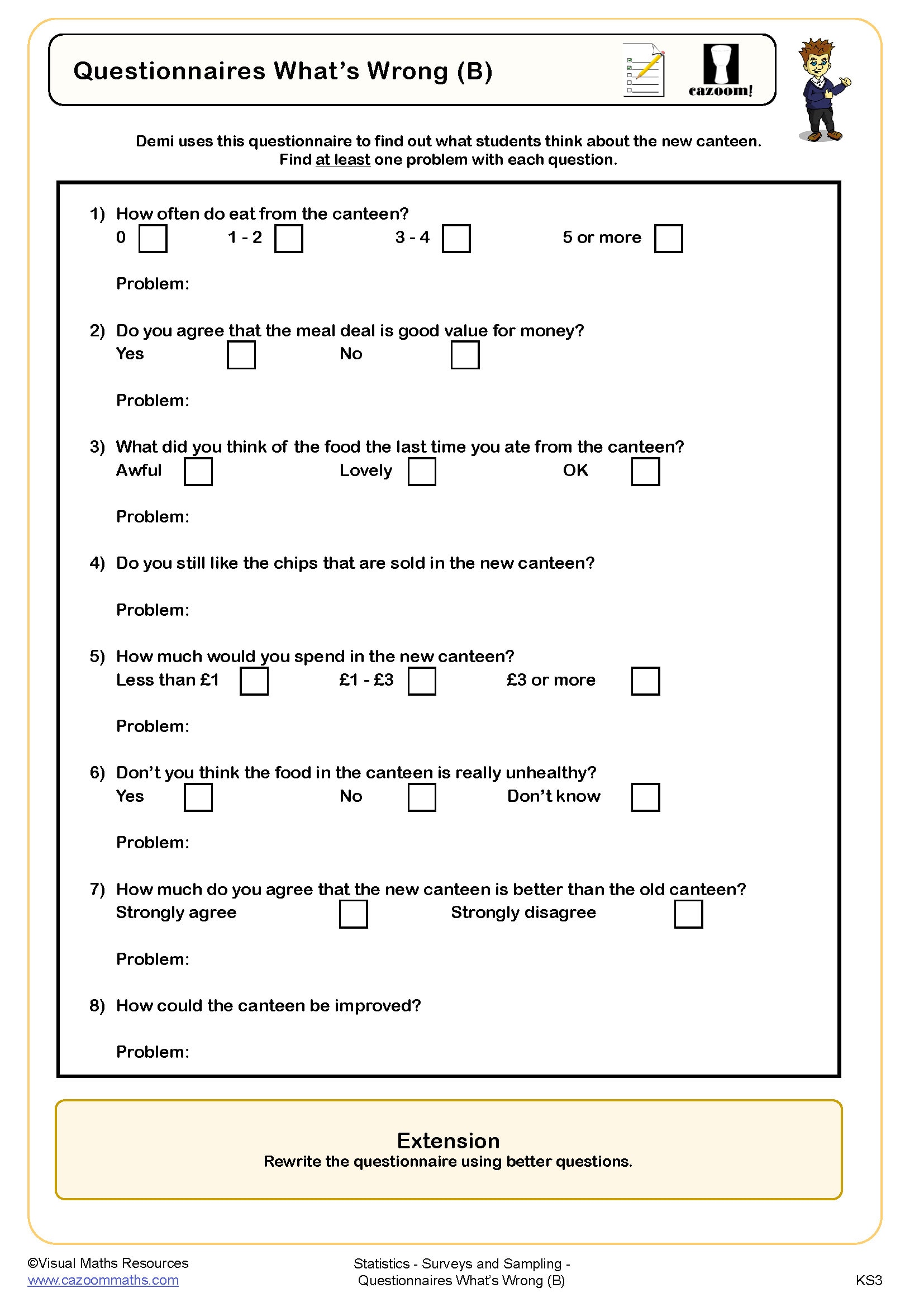 Questionnaires What's Wrong (B) Worksheet | Cazoom Maths Worksheets