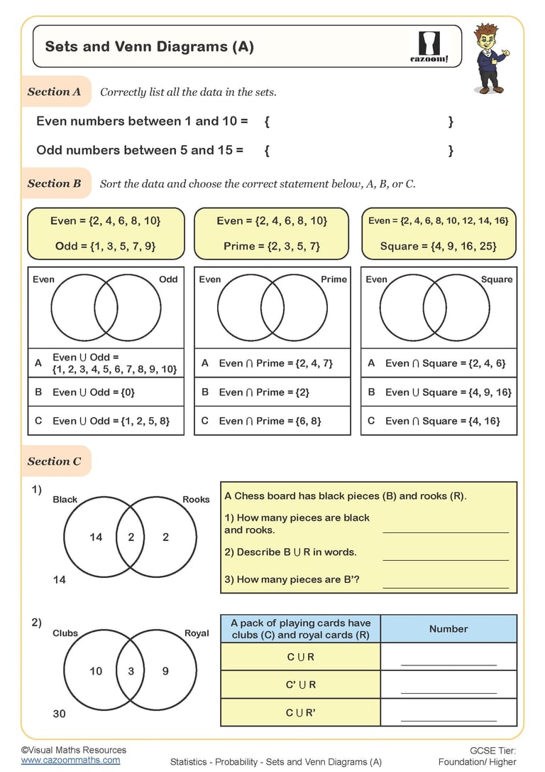 Sets and Venn Diagrams (B) Worksheet | Printable Maths Worksheets
