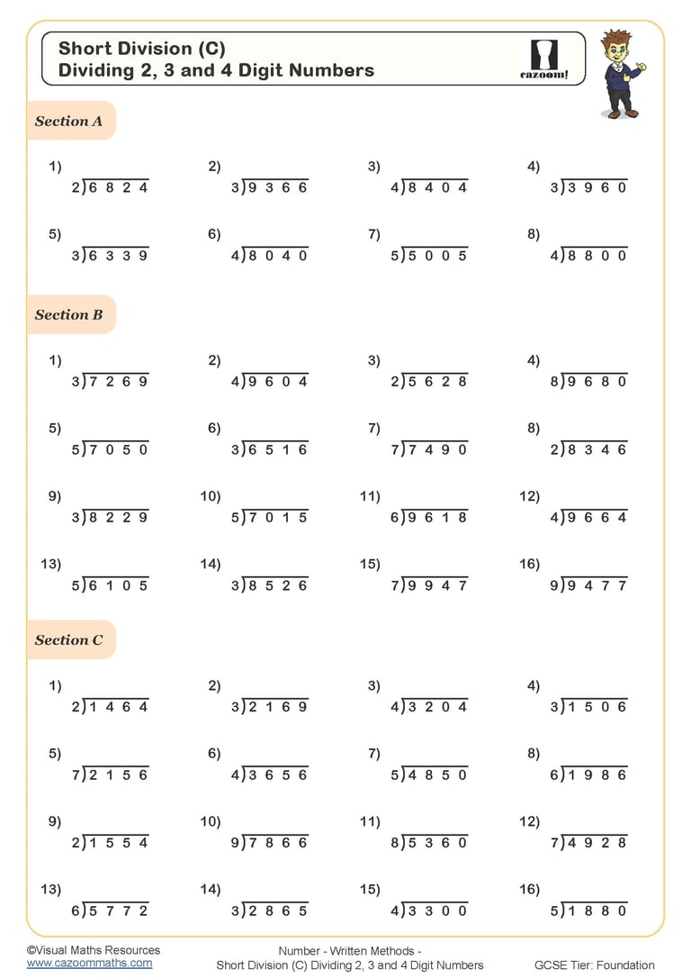 Short Division (A) Dividing 2 Digit Numbers Worksheet | Printable PDF ...