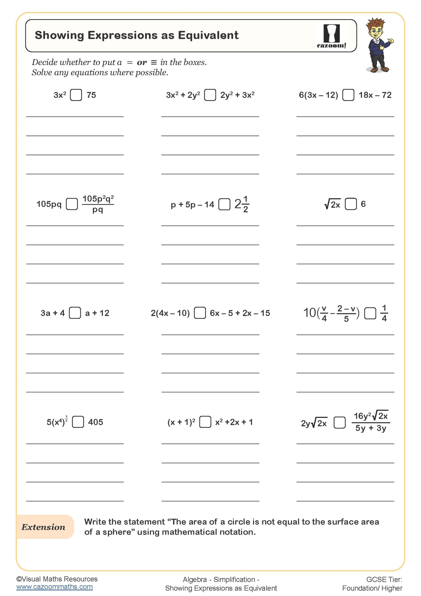 Showing Expressions as Equivalent Worksheet | Printable PDF Worksheets