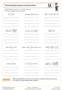 Showing Expressions as Equivalent Worksheet | Printable PDF Worksheets