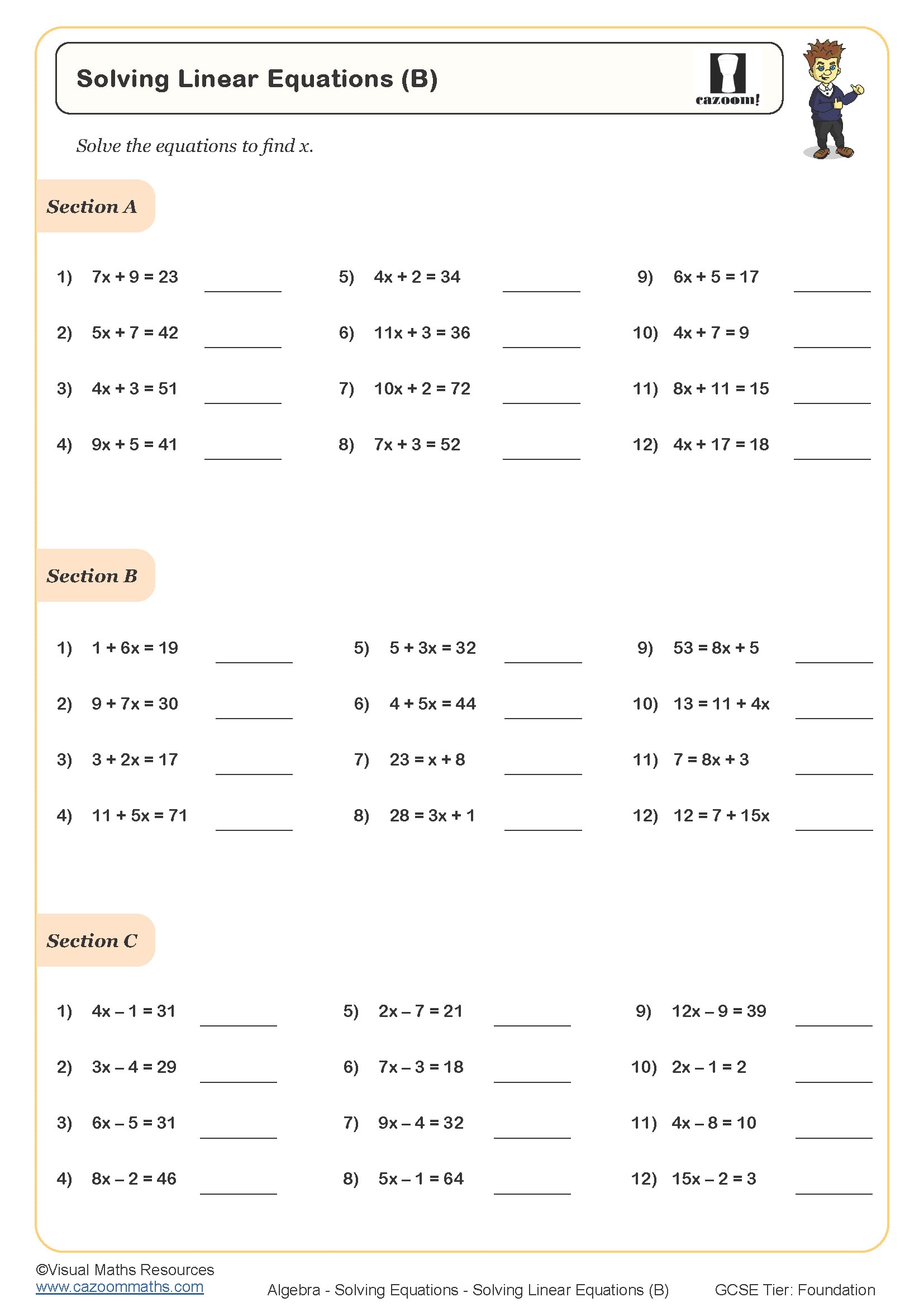 Solving Linear Equations B Worksheet Printable Pdf Worksheets