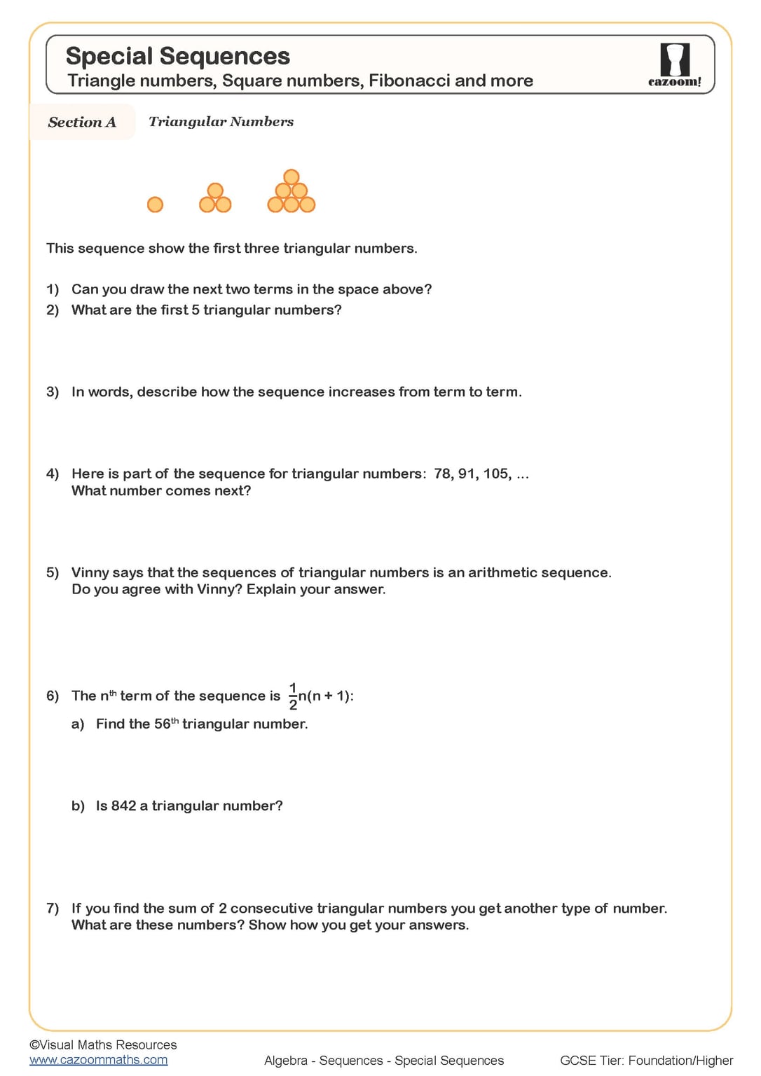 Special Sequences Worksheet | Cazoom Maths Worksheets