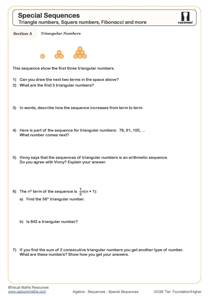Special Sequences Worksheet Cazoom Maths Worksheets