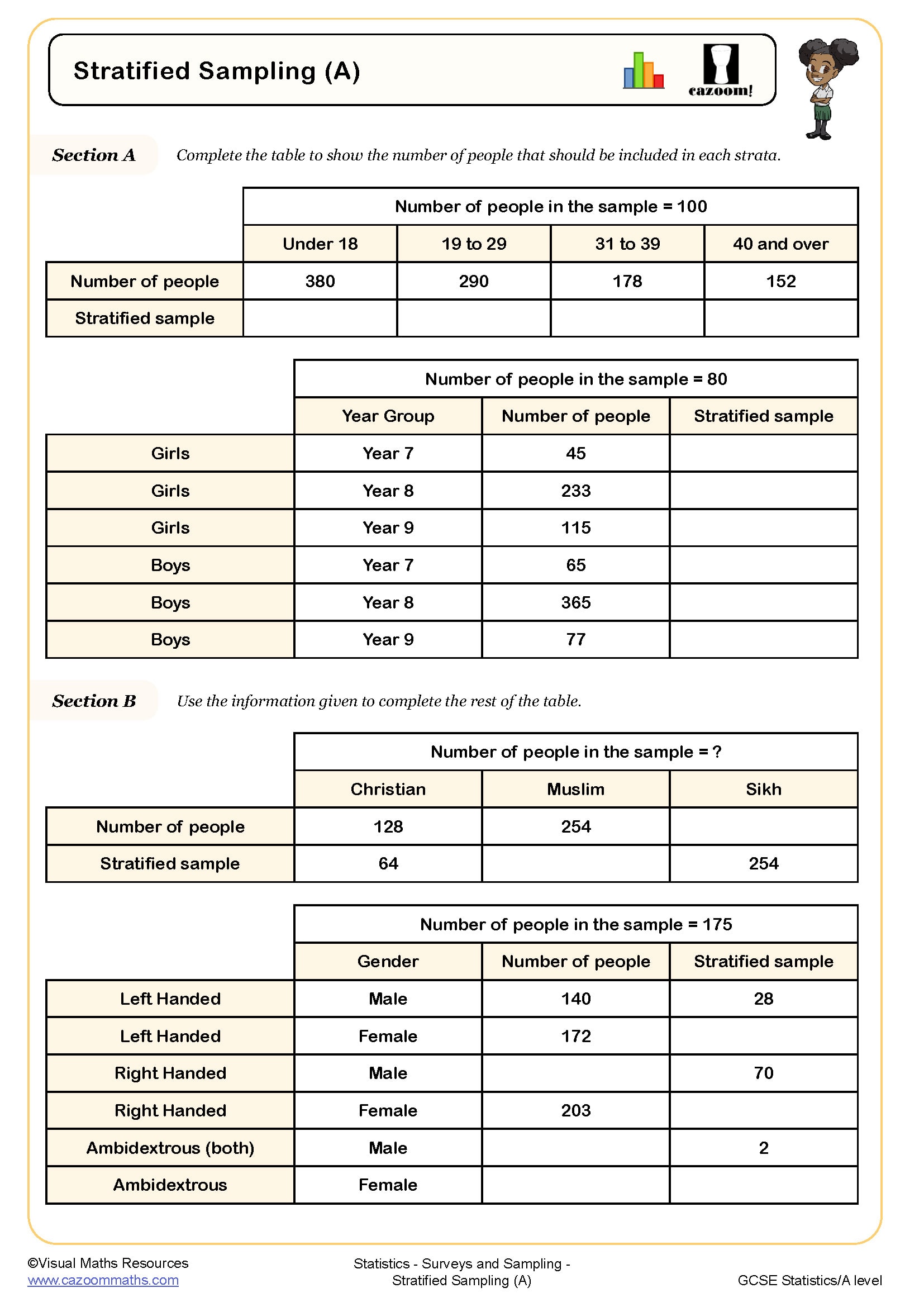 Stratified Sampling (A) Worksheet | Printable Maths Worksheets