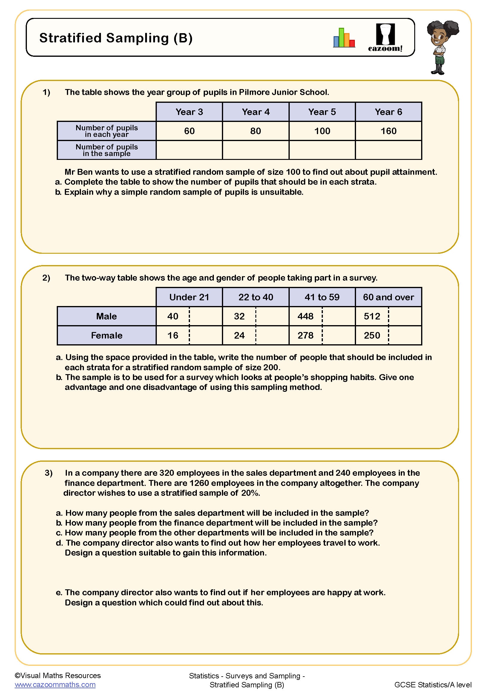 Stratified Sampling (A) Worksheet | Printable Maths Worksheets