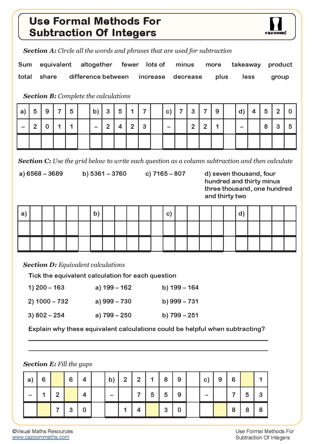 Use Formal Methods For Subtraction of Integers Worksheet | Cazoom Maths ...