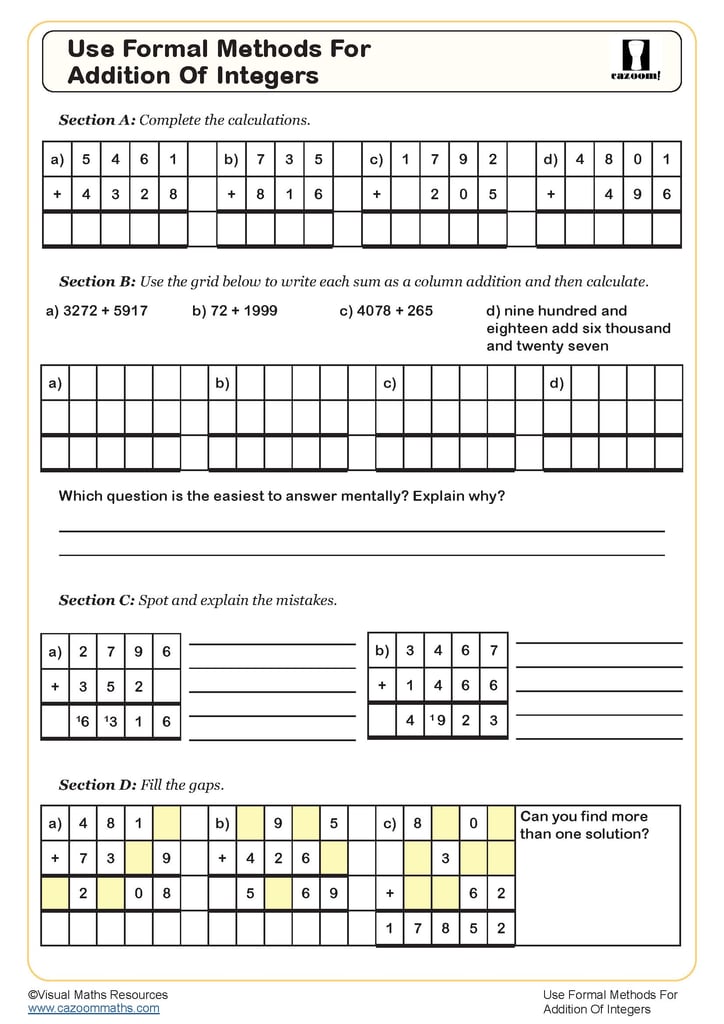 Use Formal Methods For Subtraction of Integers Worksheet | Cazoom Maths ... Use Formal Methods For Subtraction of Integers Worksheet | Cazoom Maths ...