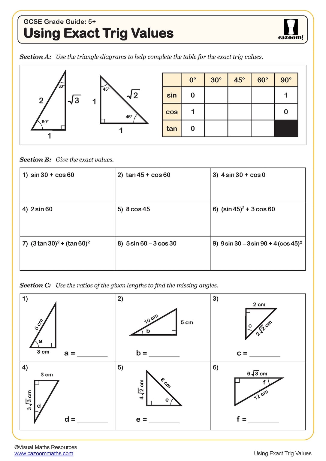 Using Exact Trig Values Worksheet | Cazoom Maths Worksheets