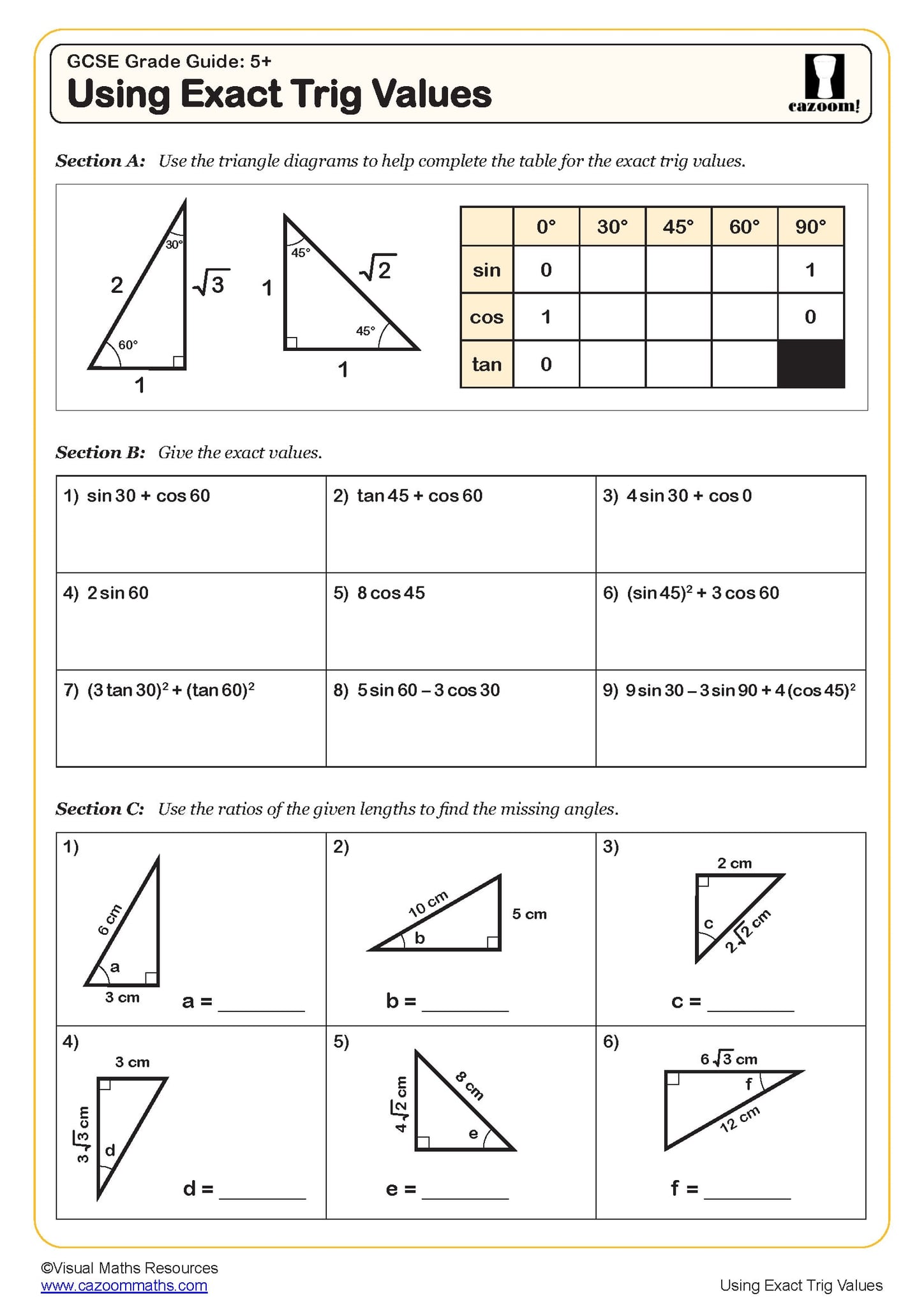Using Exact Trig Values Worksheet Cazoom Maths Worksheets