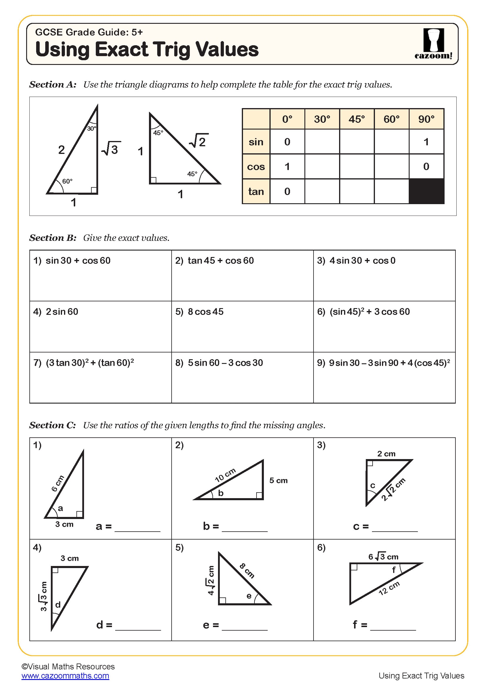 Using Exact Trig Values Worksheet Printable PDF Worksheets