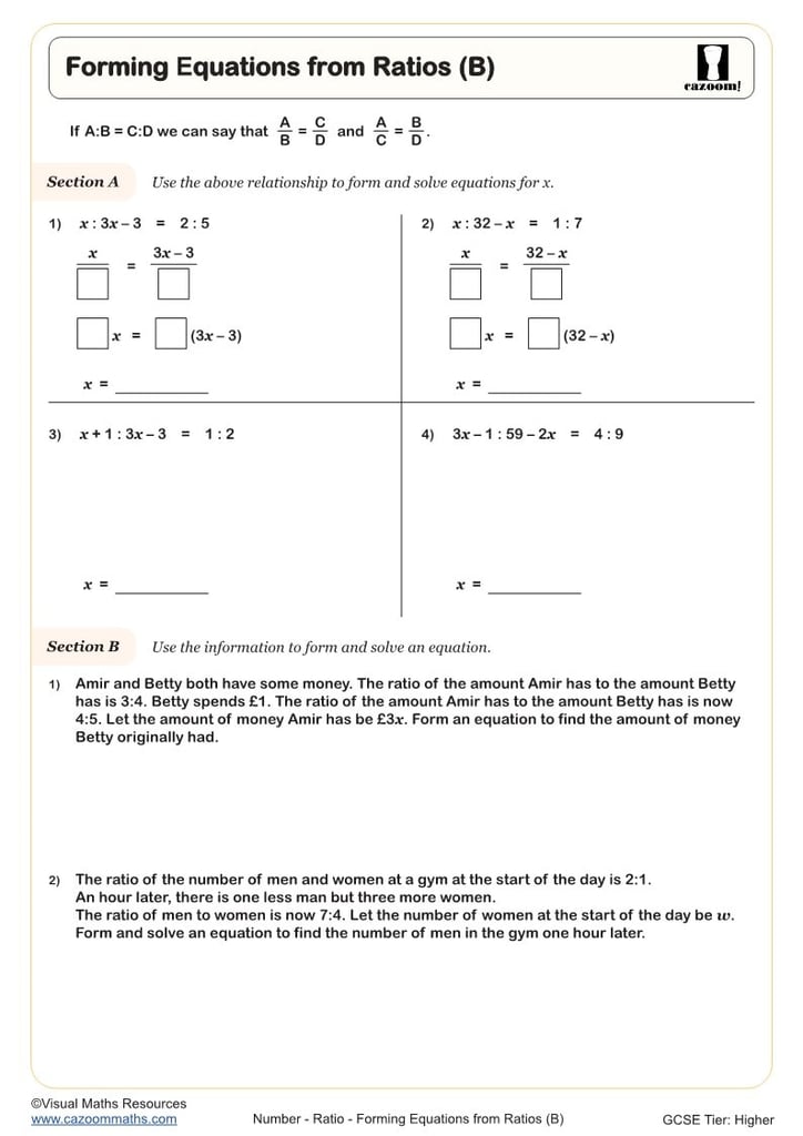 Forming Equations from Ratios (B) Worksheet | Printable Maths Worksheets