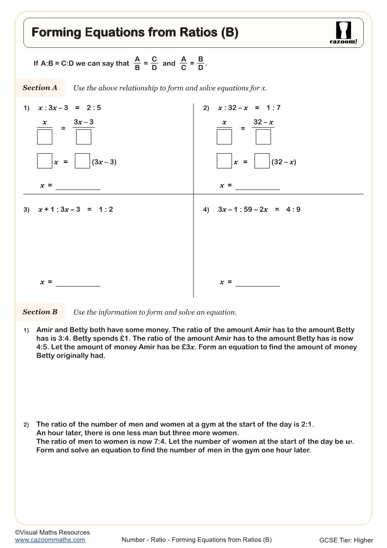 Forming Equations from Ratios (B) Worksheet | Printable Maths Worksheets