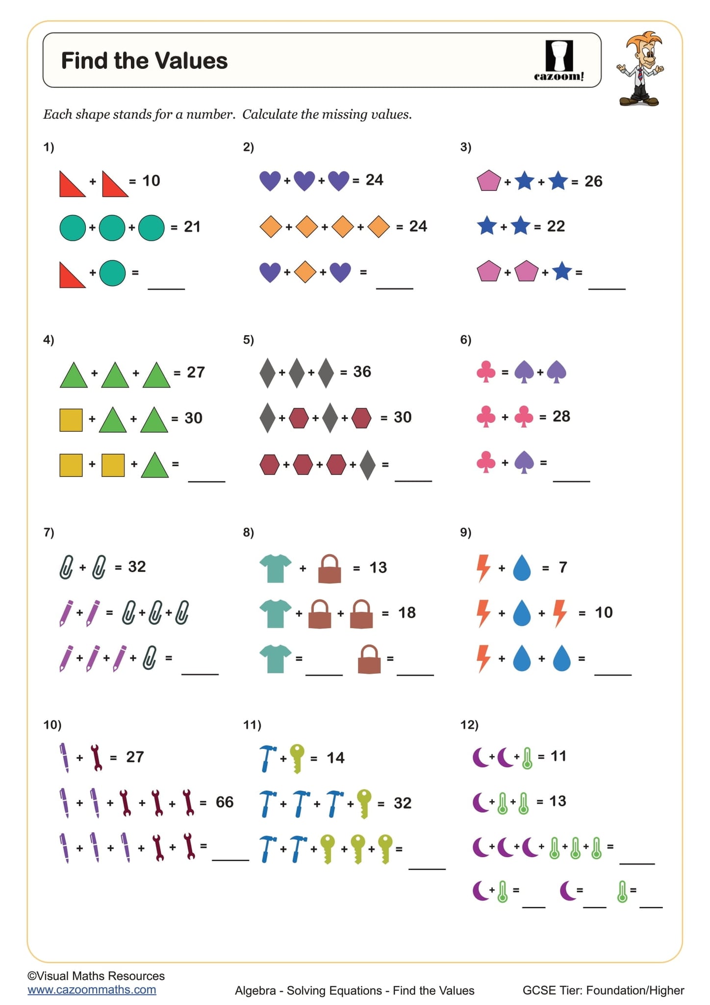 Find the Values Worksheet | Cazoom Maths Worksheets