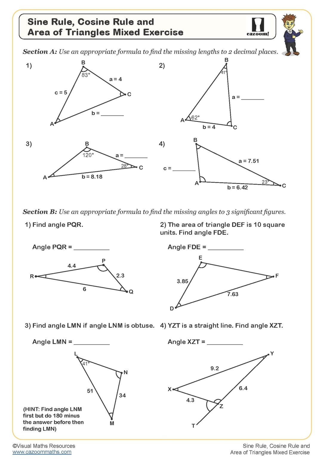 Sine Rule Cosine Rule And Area Mixed Exercise Worksheet Cazoom Maths
