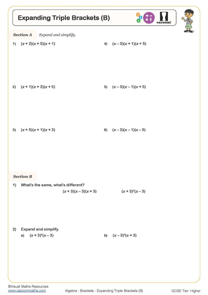 Expanding Triple Brackets (B) Worksheet | Cazoom Maths Worksheets