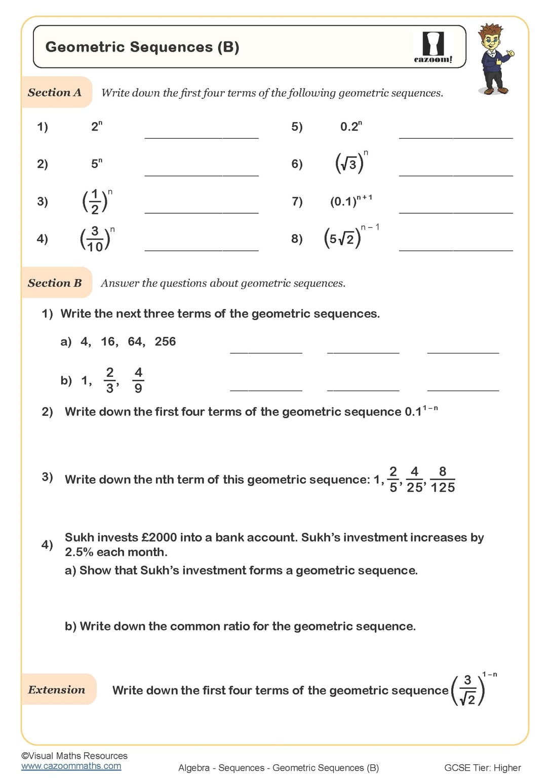 Geometric Sequences (B) Worksheet | Fun and Engaging PDF Worksheets
