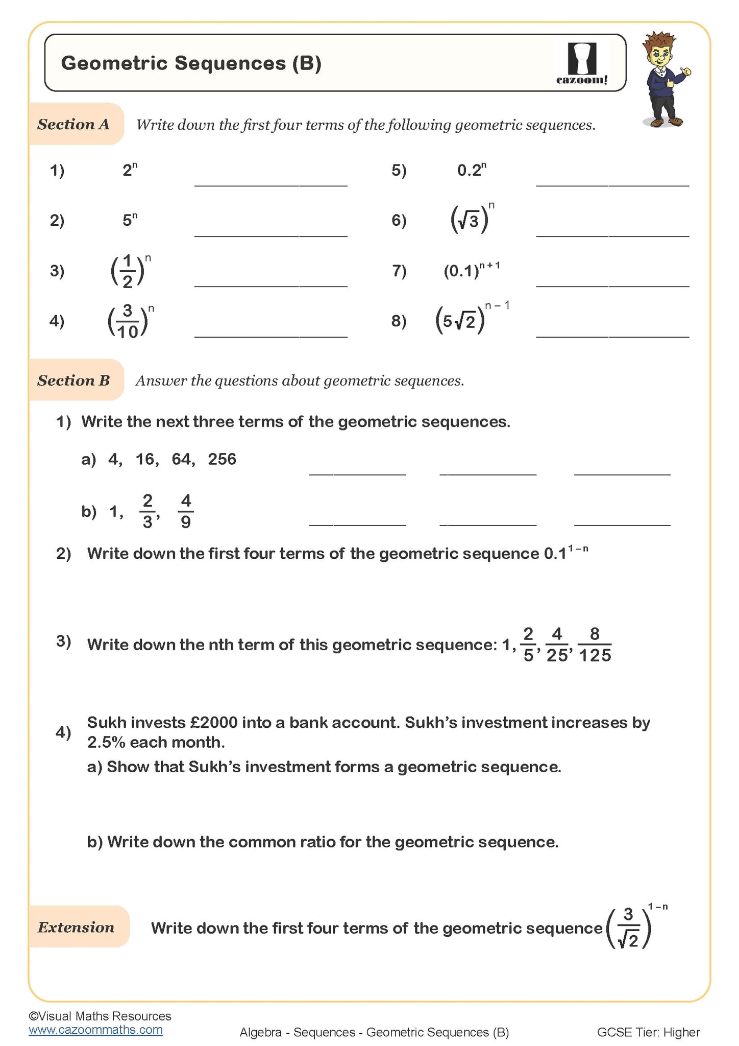 Geometric Sequences (B) Worksheet | Fun and Engaging PDF Worksheets