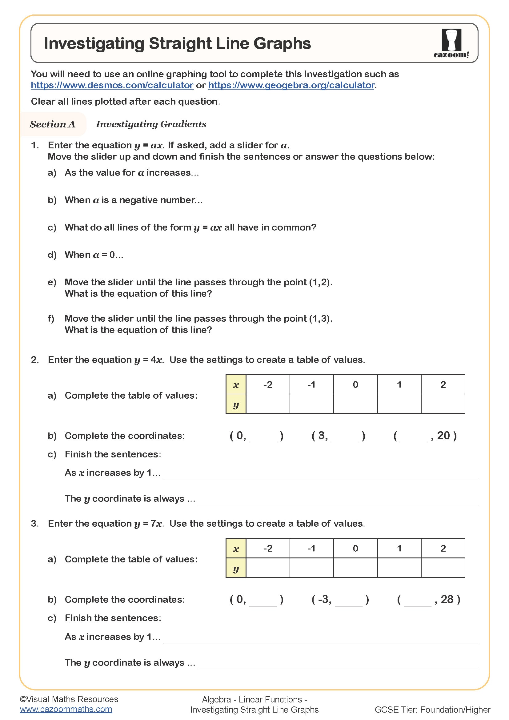 Investigating Straight Line Graphs Worksheet Cazoom Maths Worksheets