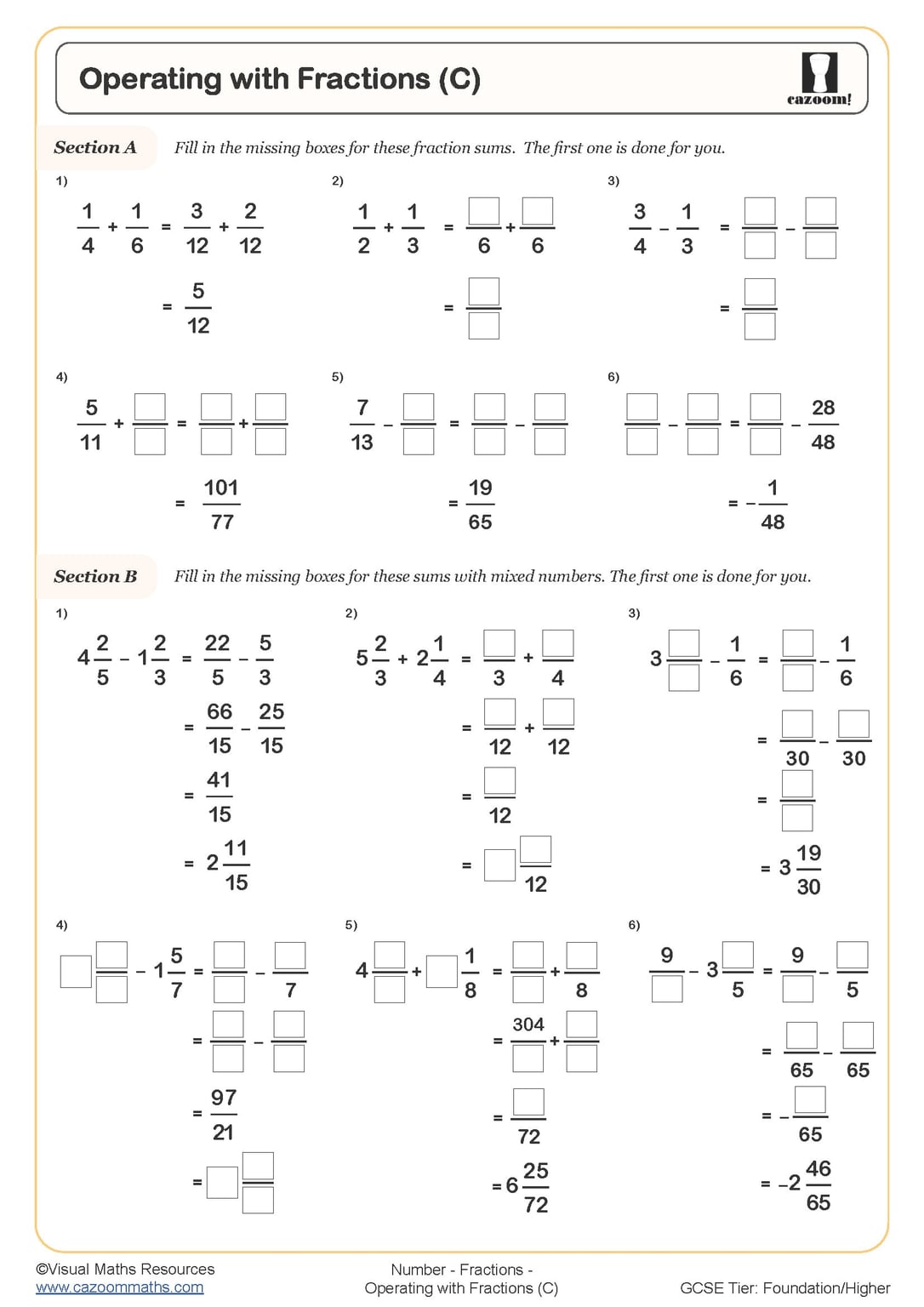 Operating with Fractions (C) Worksheet | Printable PDF Worksheets