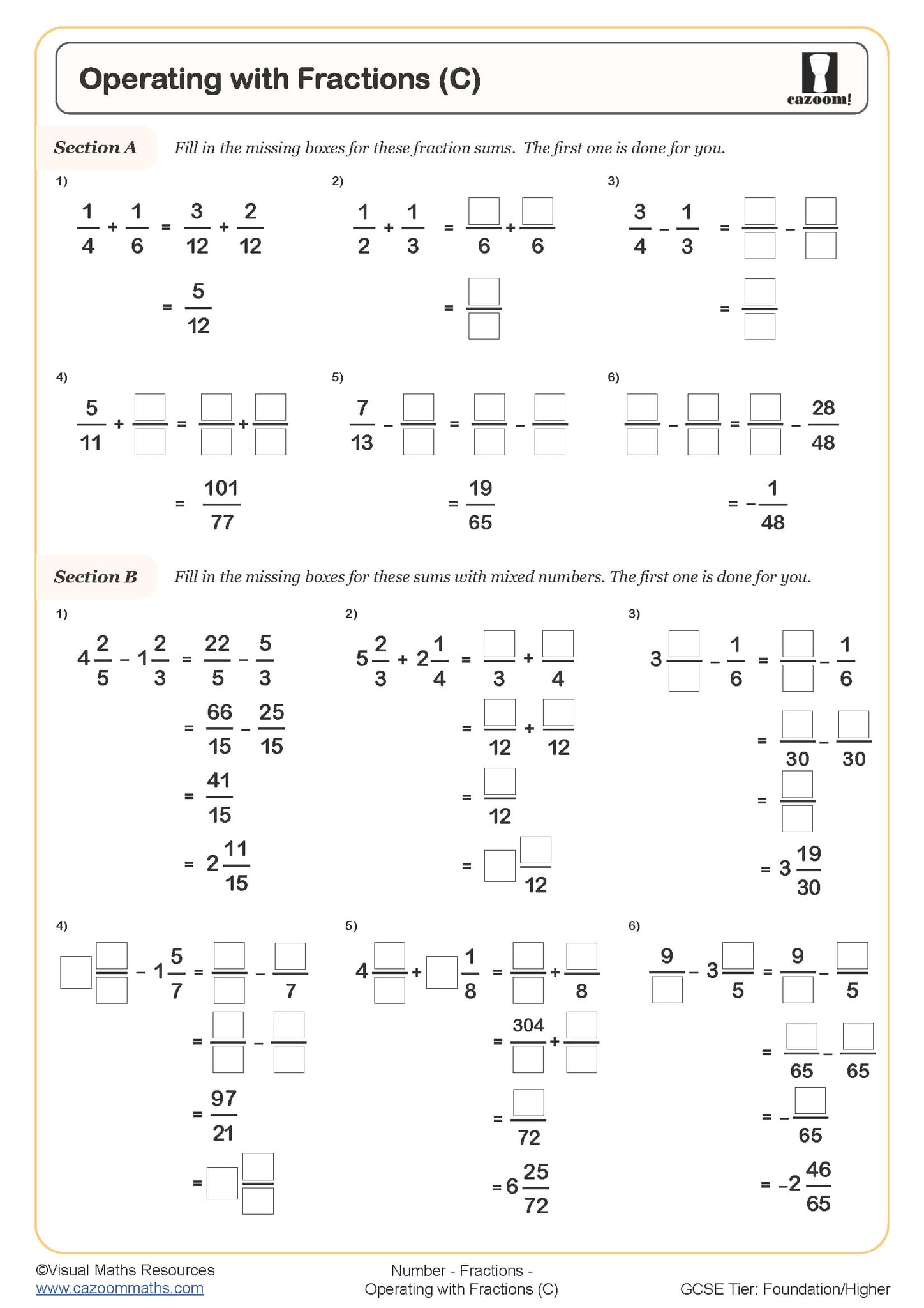 Operating with Fractions (C) Worksheet | Printable PDF Worksheets