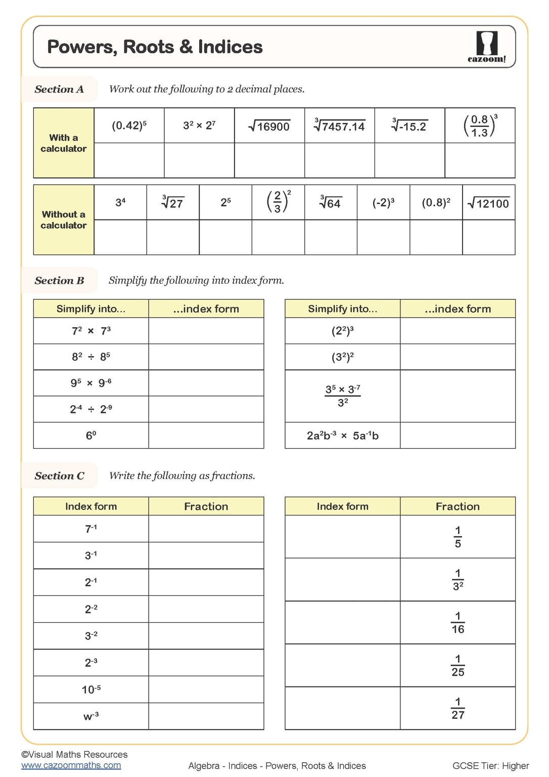 Powers, Roots and Indices Worksheet | Cazoom Maths Worksheets
