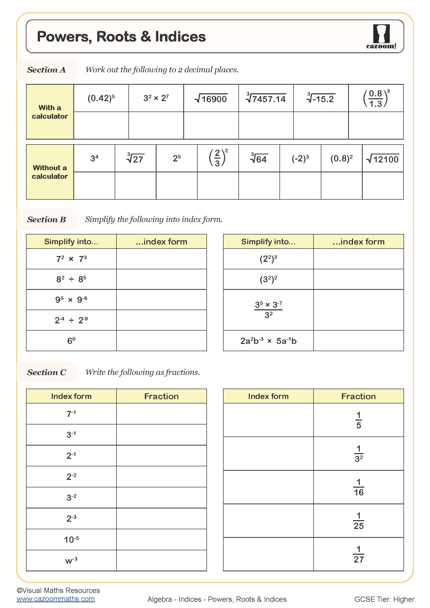 Powers, Roots and Indices Worksheet | Cazoom Maths Worksheets