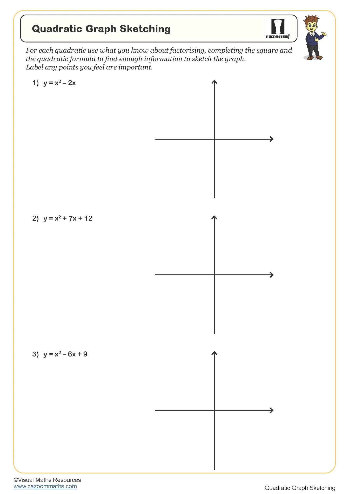 Quadratic Graph Sketching Worksheet | Cazoom Maths Worksheets