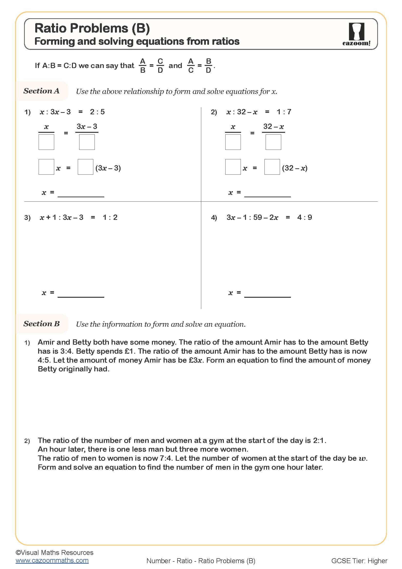 Ratio Problems B Forming Equations Worksheet Printable Maths Worksheets