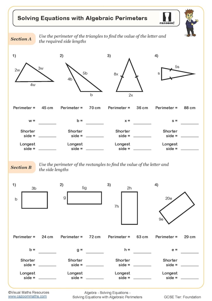 Solving Equations with Algebraic Perimeters Worksheet | Cazoom Maths ...