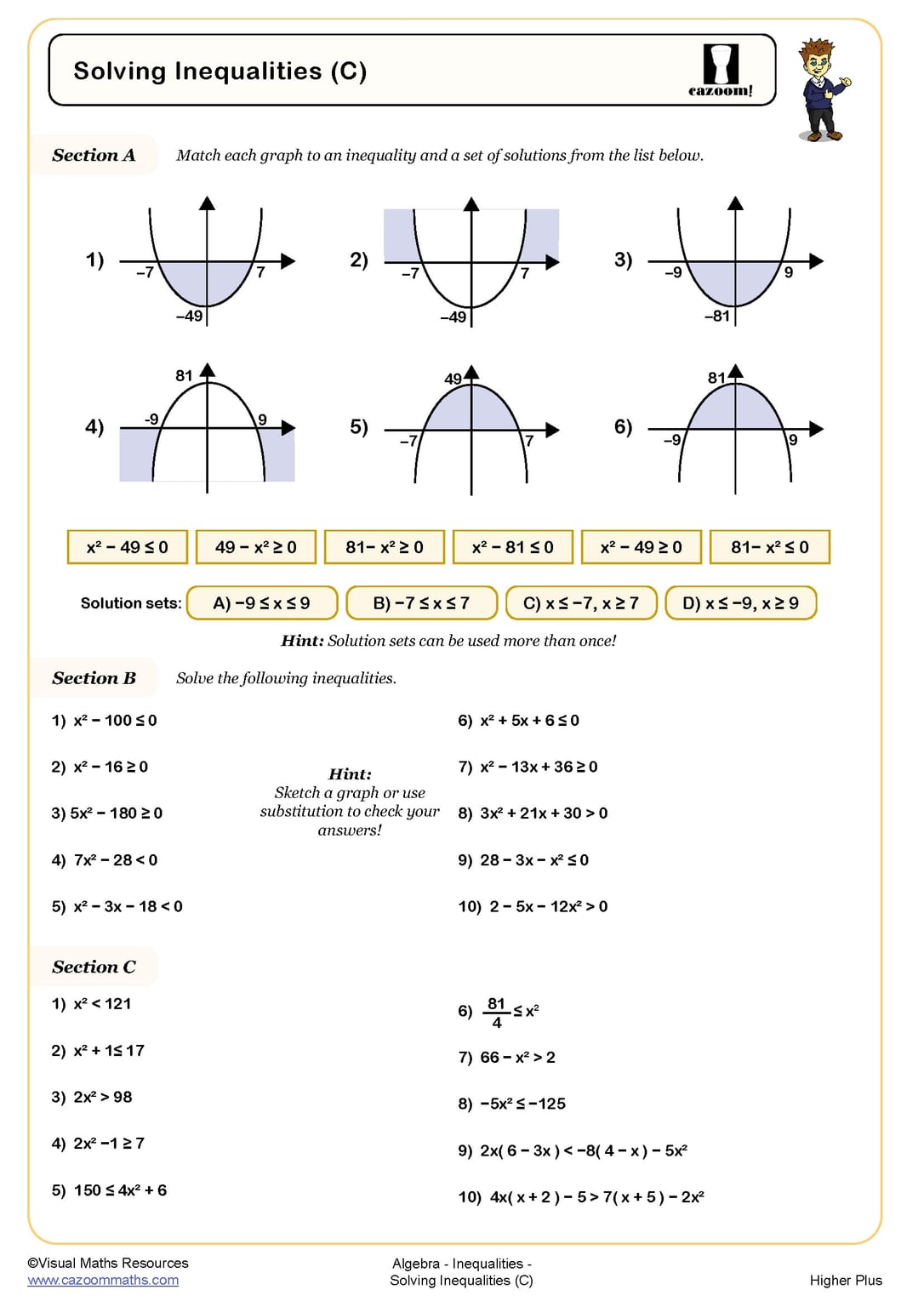 Solving Inequalities (C) Worksheet | Cazoom Maths Worksheets