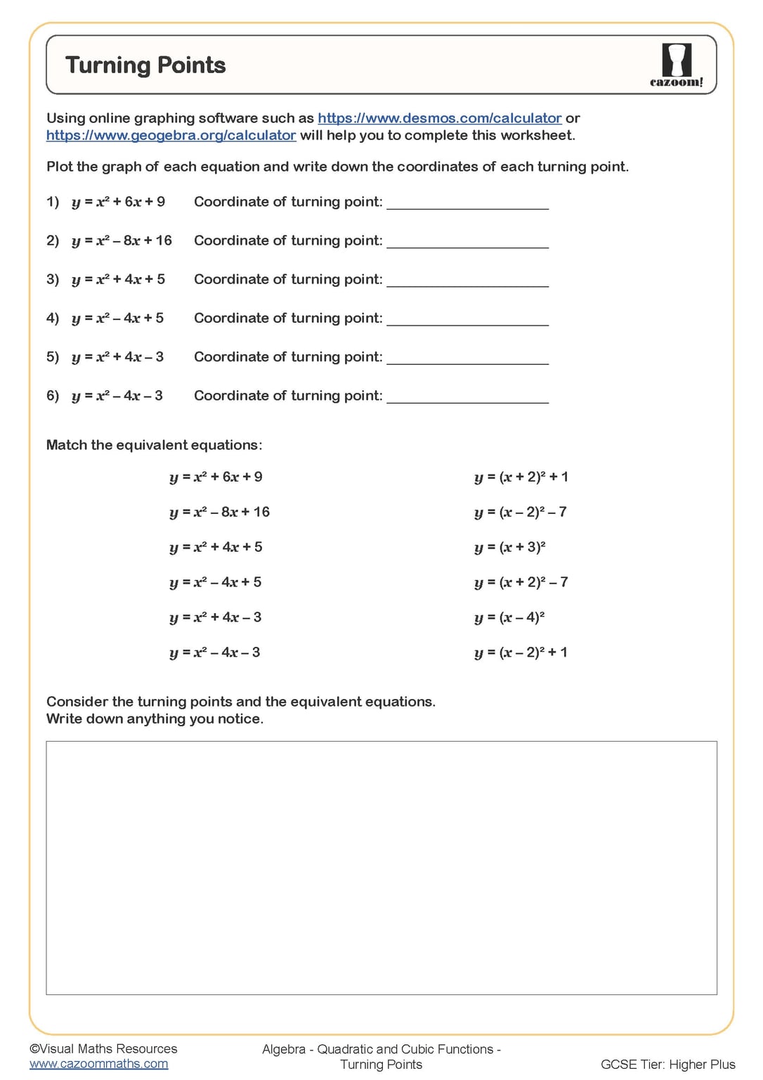 Completing the square and turning points Worksheet | Fun and Engaging PDF Worksheets
