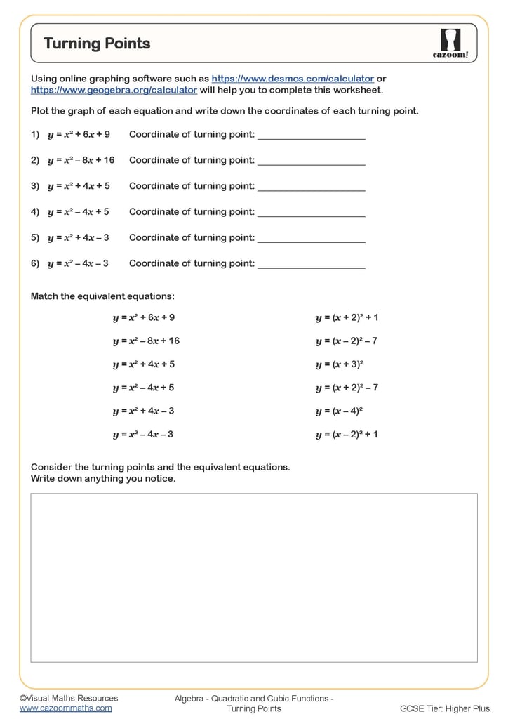 Completing the square and turning points Worksheet | Fun and Engaging PDF Worksheets