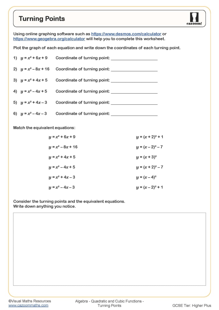 Completing the square and turning points Worksheet | Fun and Engaging ...