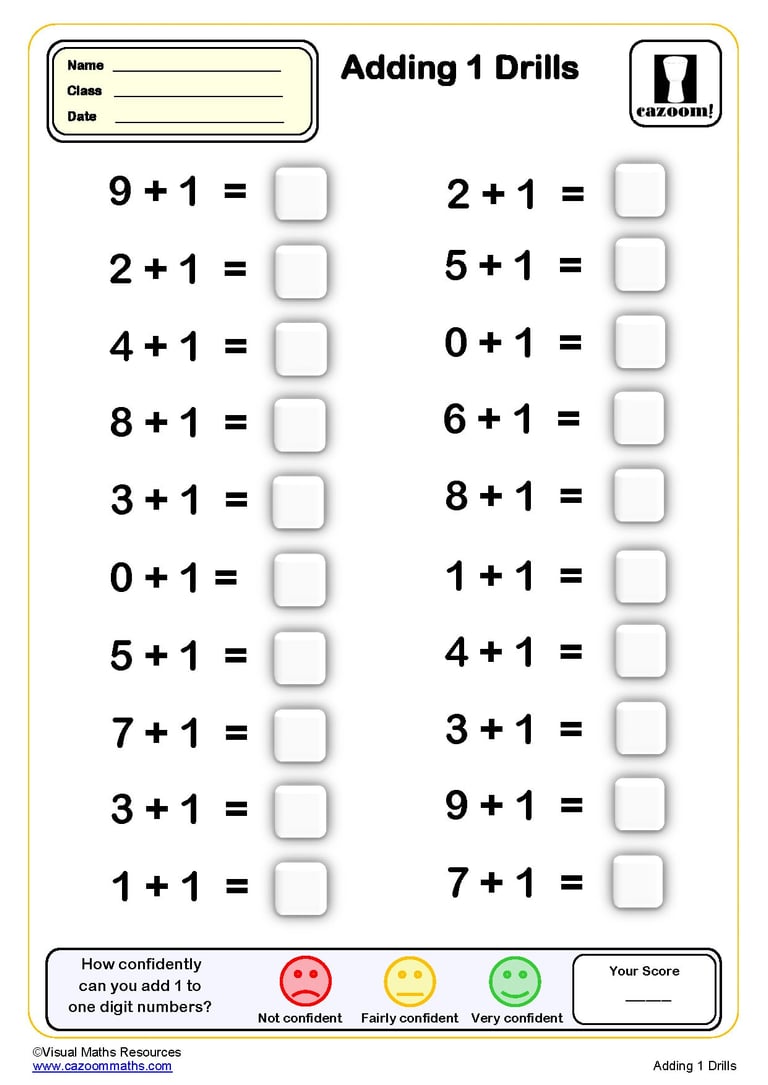 Adding 1 Drills Worksheet (20 questions) | Key Stage 1 PDF Addition ...