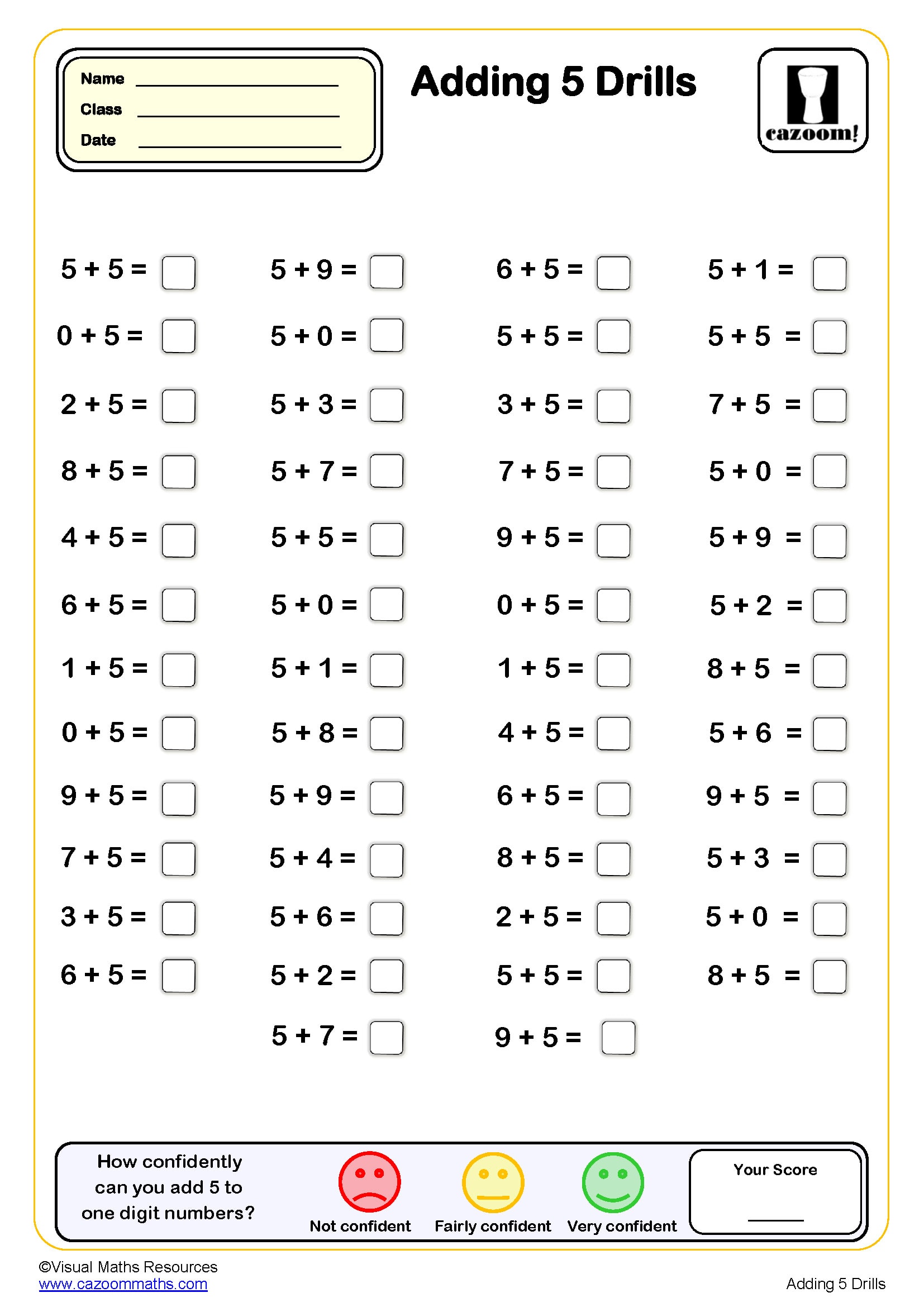 Adding 5 Drills Worksheet (50 questions) | PDF printable Addition ...