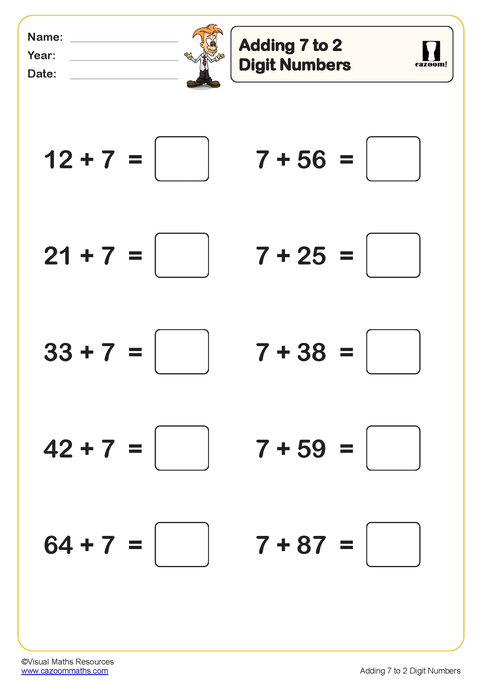 Adding 7 to 2 digit numbers Worksheet (10 questions) | PDF printable ...