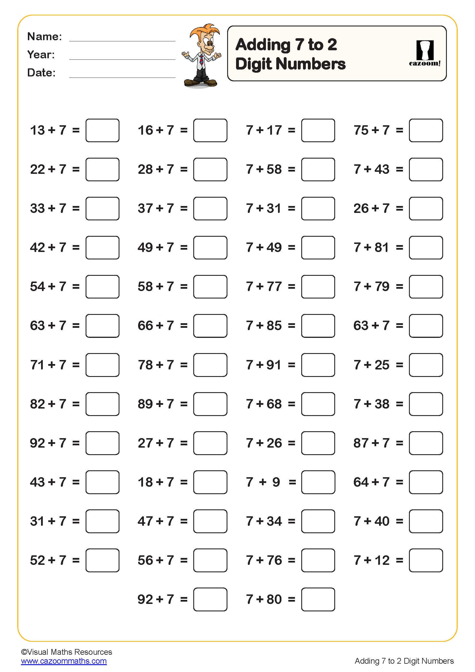 Adding 7 to 2 digit numbers Worksheet (50 questions) | Key Stage 1 PDF ...