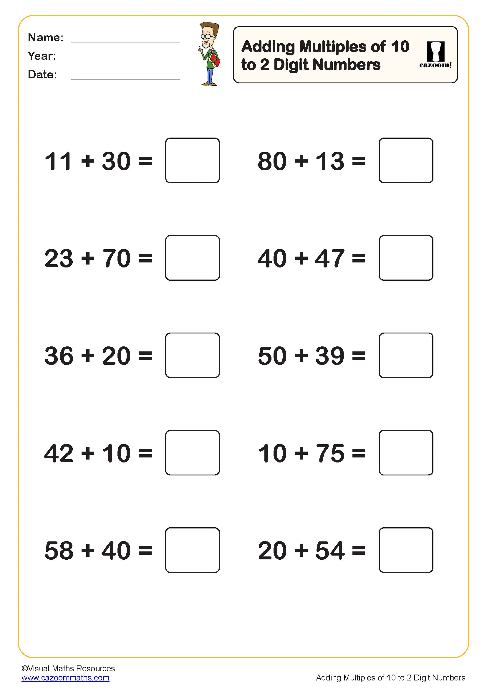 Adding mulitples of 10 to a 2 digit number Worksheet (10 questions ...
