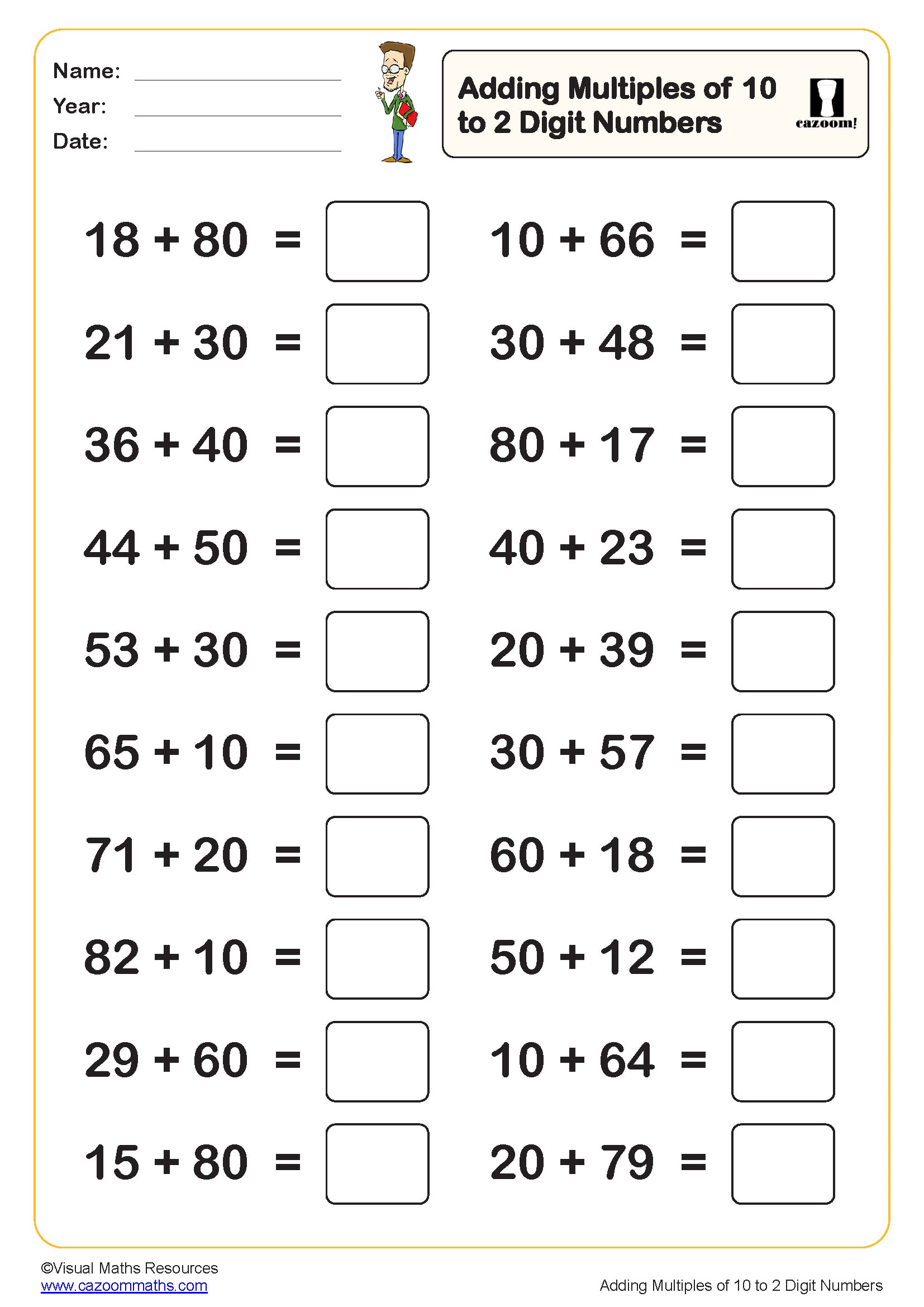 Adding Mulitples Of 10 To A 2 Digit Number Worksheet 20 Questions 
