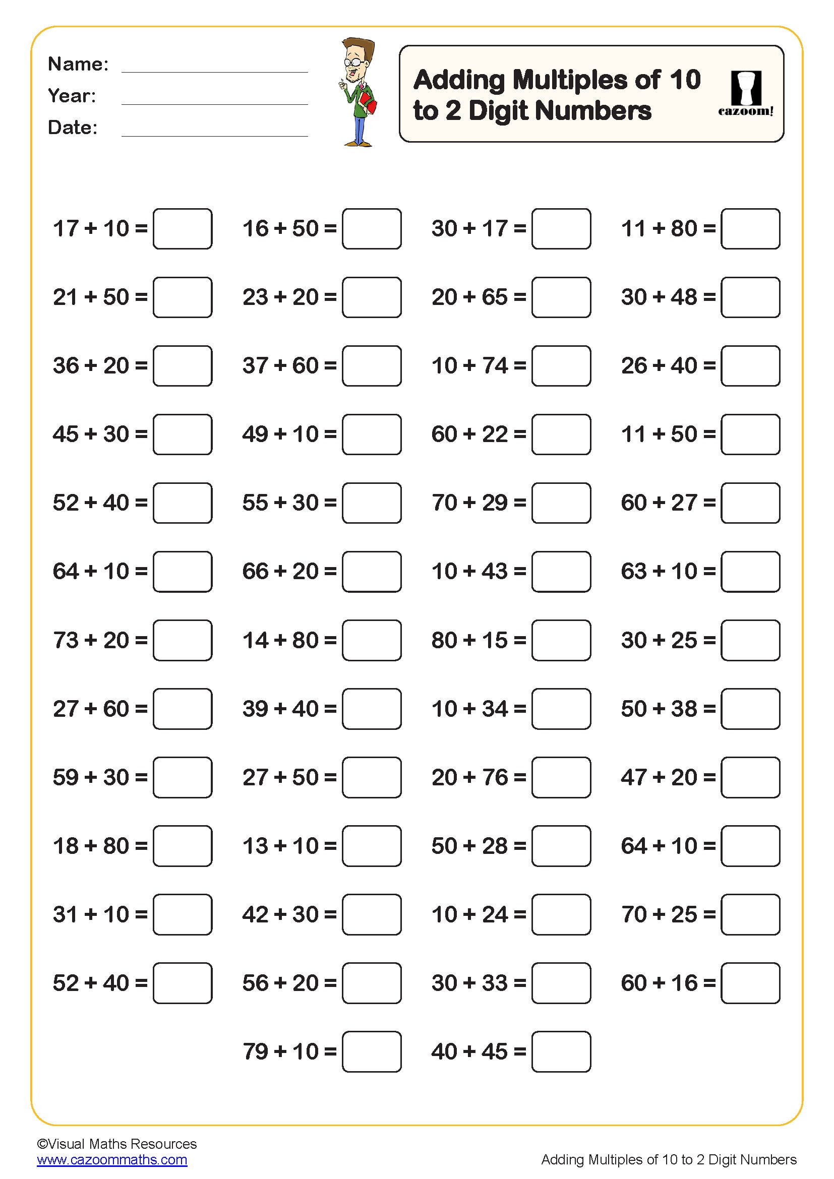 Adding mulitples of 10 to a 2 digit number Worksheet (50 questions ...