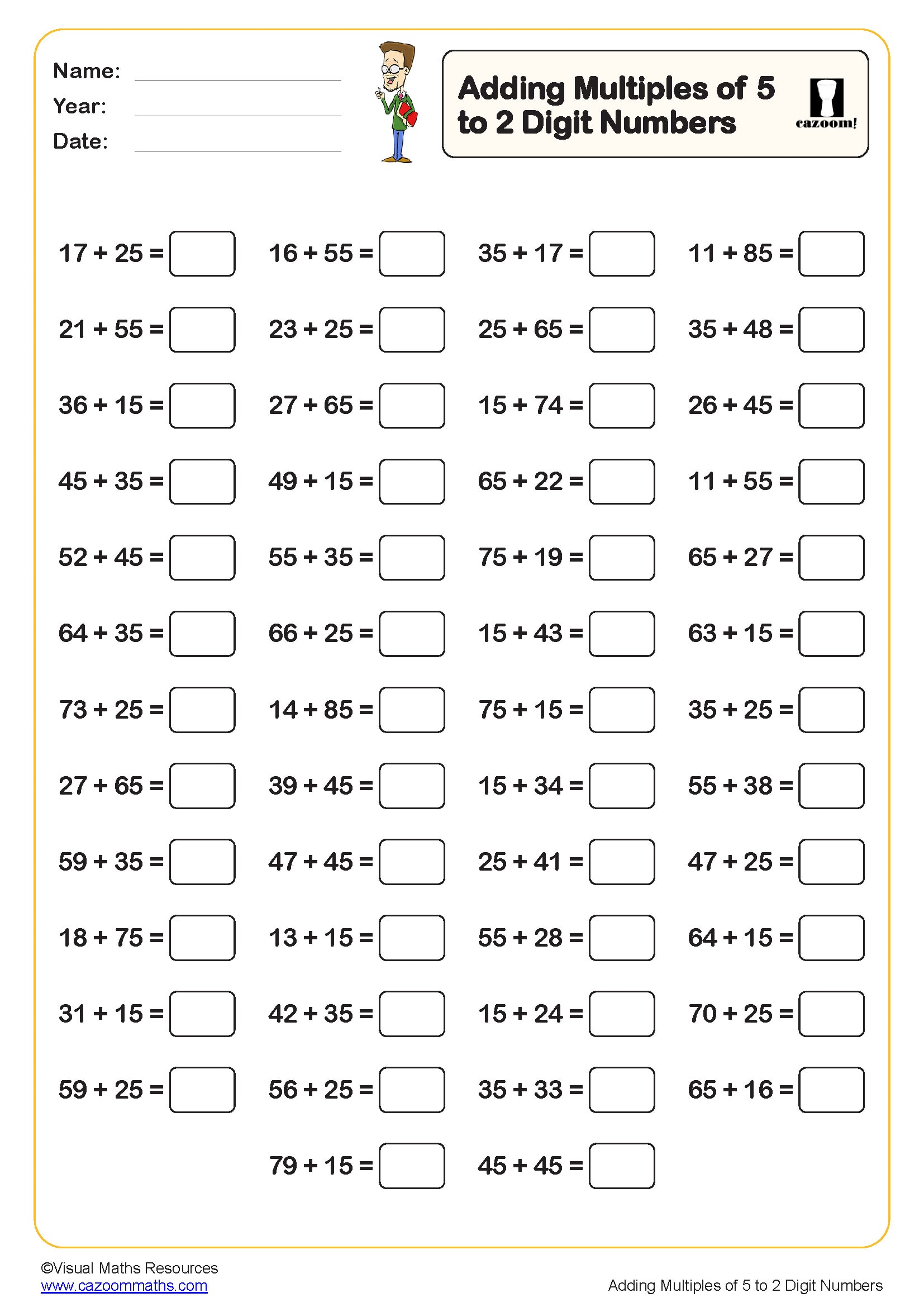 Adding mulitples of 5 to a 2 digit number Worksheet (50 questions ...