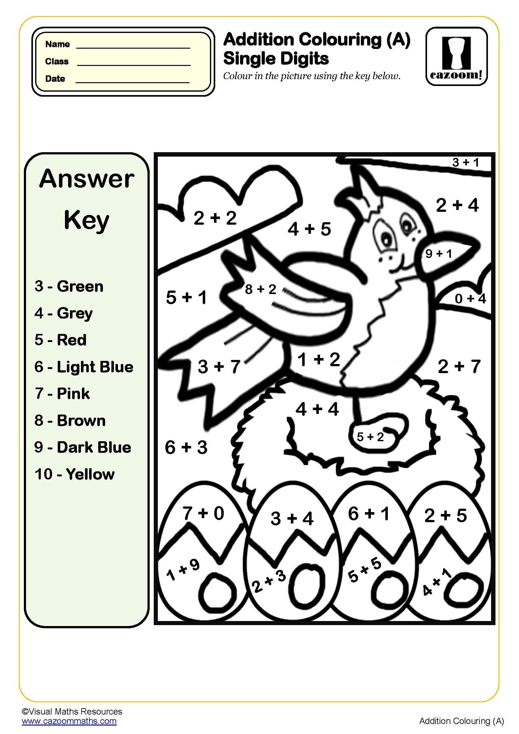Addition Colouring (A) Single Digits Worksheet | PDF printable Addition ...