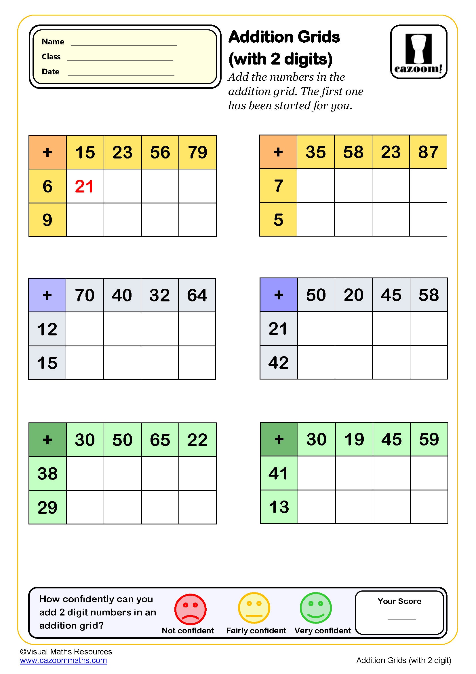 Addition Grids Worksheet (2 digits) | Key Stage 1 PDF Addition Worksheets